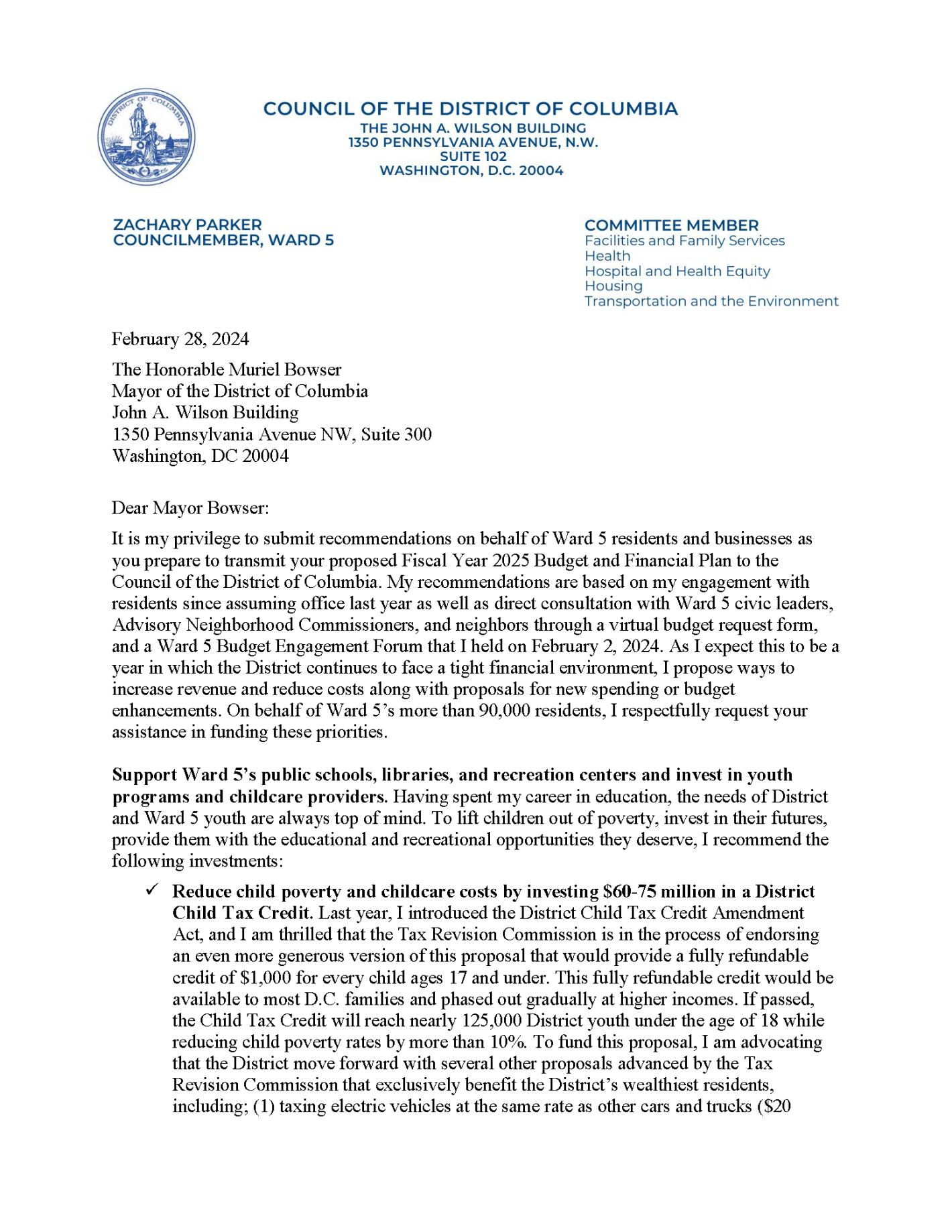 My Budget Letter to the Mayor – Official Website of Ward 5 ...